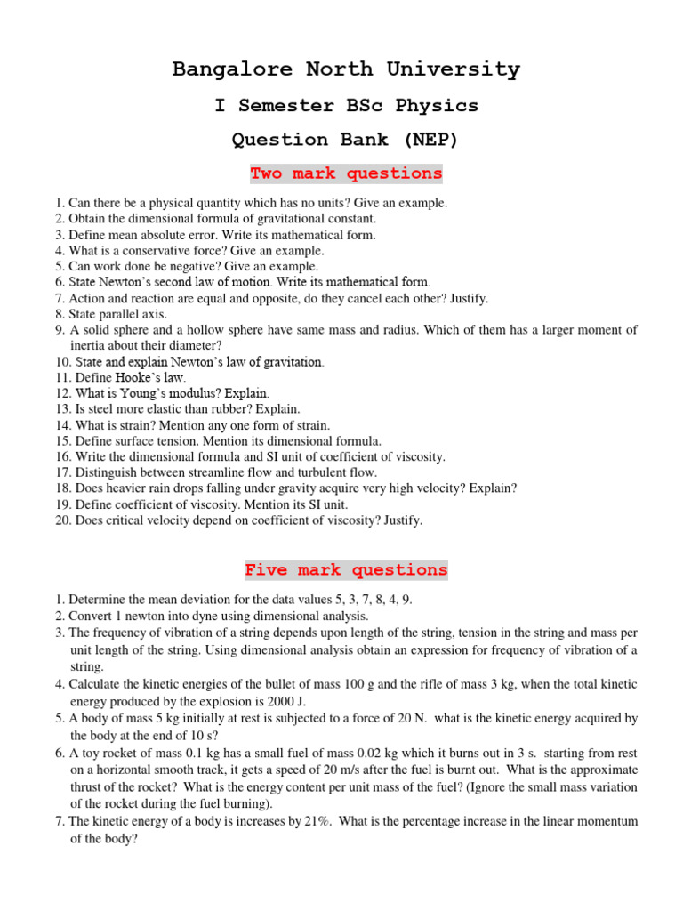 Physics - Sem-1.Question Bank - Revised | PDF | Force | Newton's Laws ...
