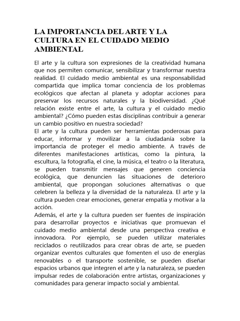 La Importancia Del Arte Y La Cultura En El Cuidado Medio Ambiental