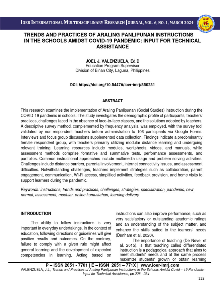 Trends and Practices of Araling Panlipunan Instructions in The Schools Amidst Covid - 19 ...