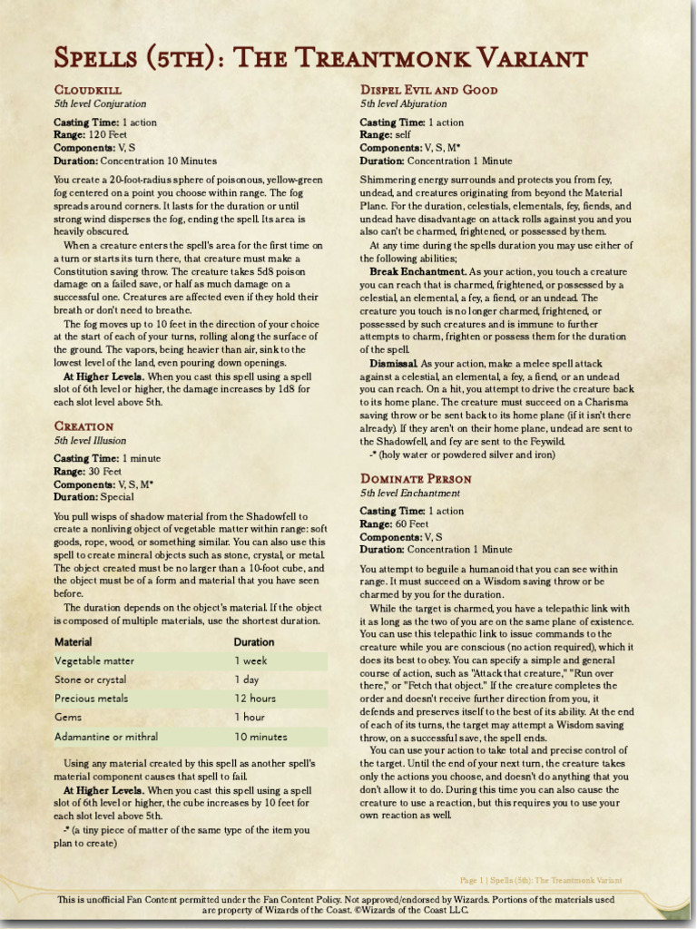 5th-Level Spells Treantmonk Variant | PDF
