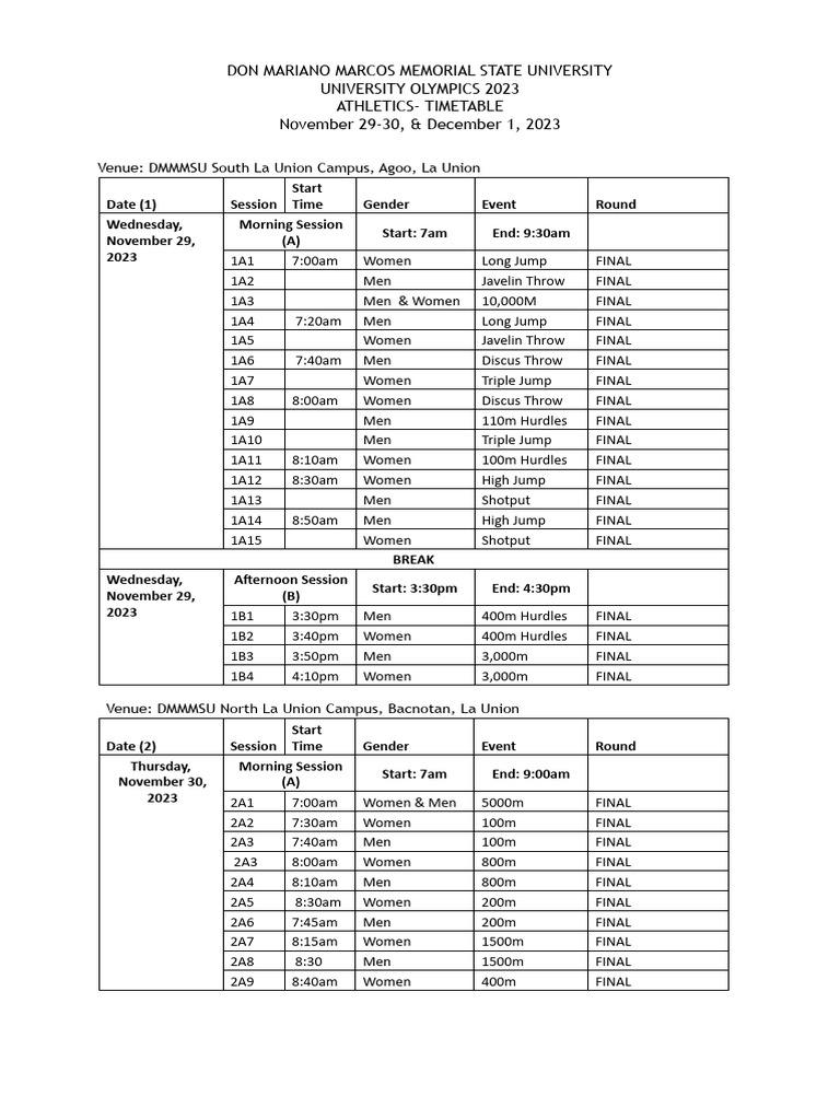 Timetable University Olympics 2023edited 1 | PDF | Olympic Sports ...