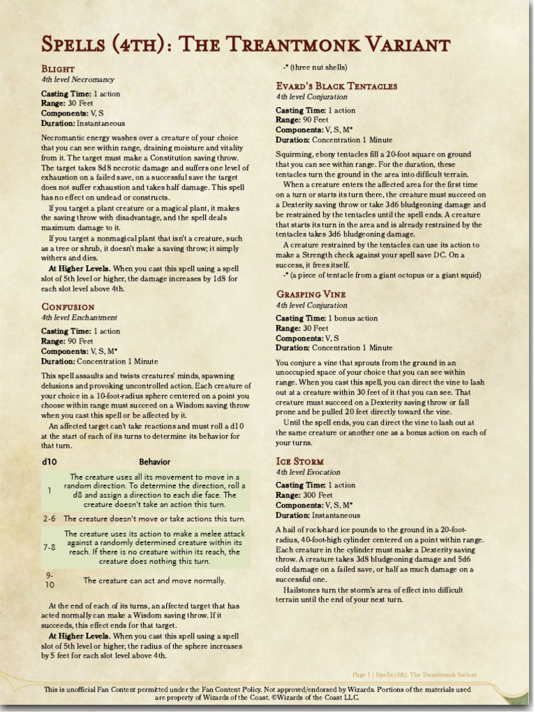 4th Level Spells: Treantmonk Variant | PDF | Hail