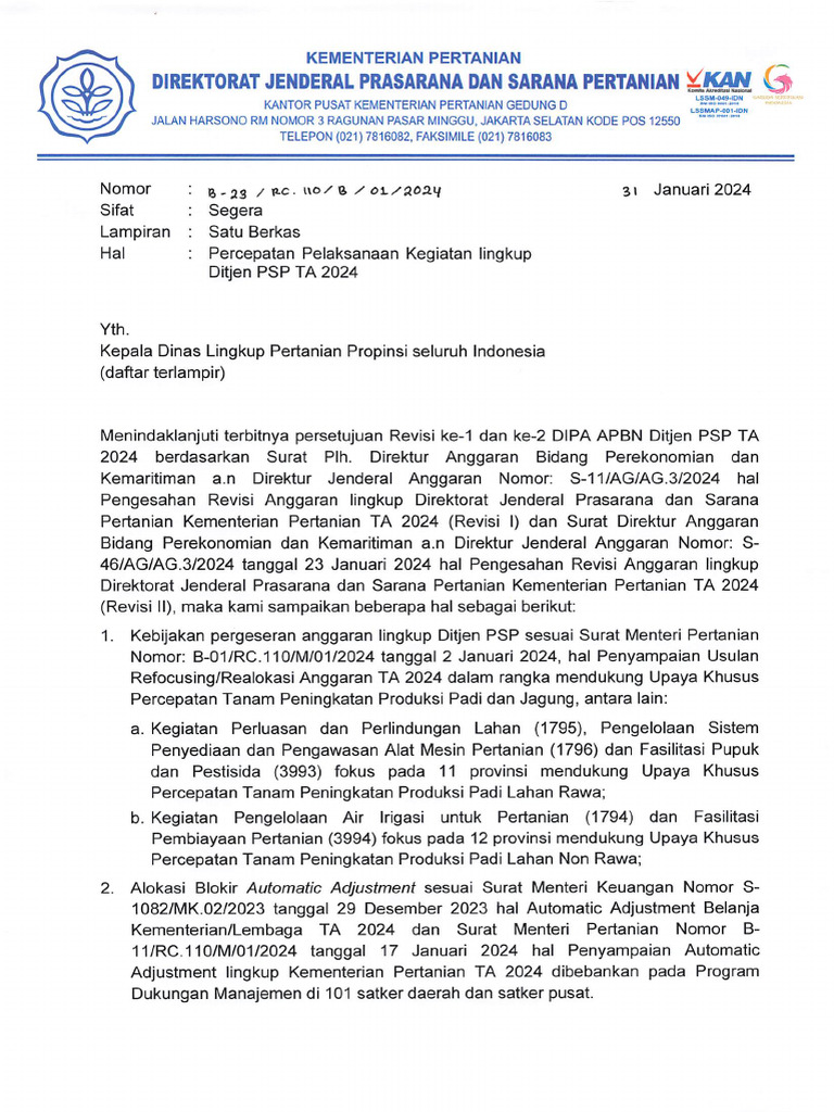 Surat Percepatan Pelaksanaan Kegiatan Ditjen PSP Ta 2024 Cap | PDF