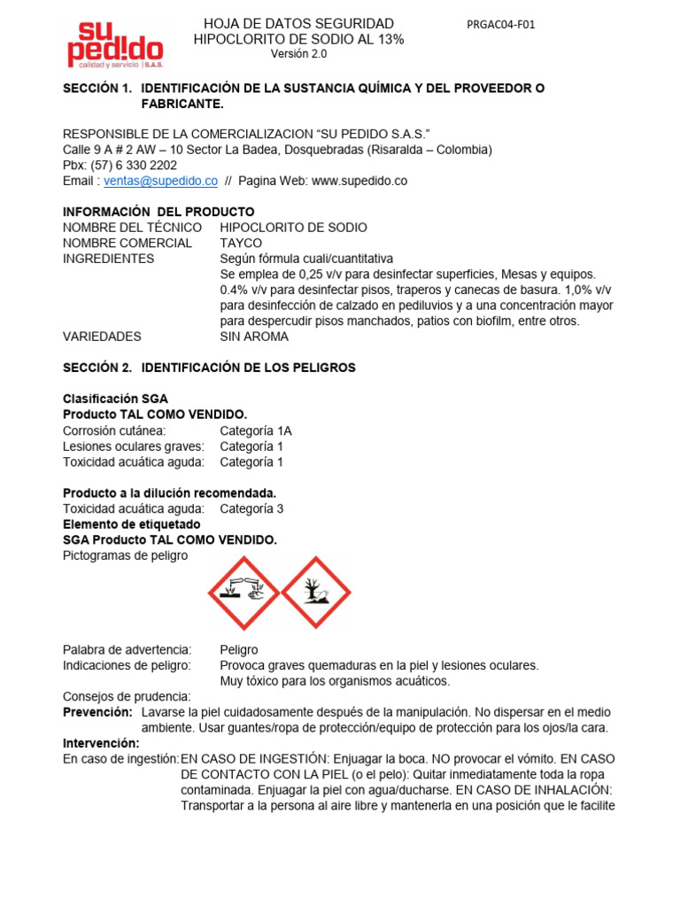 SDS HIPOCLORITO DE SODIO AL 13 - Version 2 | PDF | Cloro | Hidróxido de ...