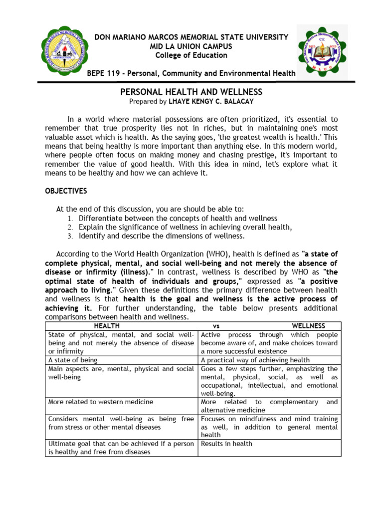 PERSONAL-HEALTH-AND-WELLNESS-BALACAY | PDF | Well Being | Psychology