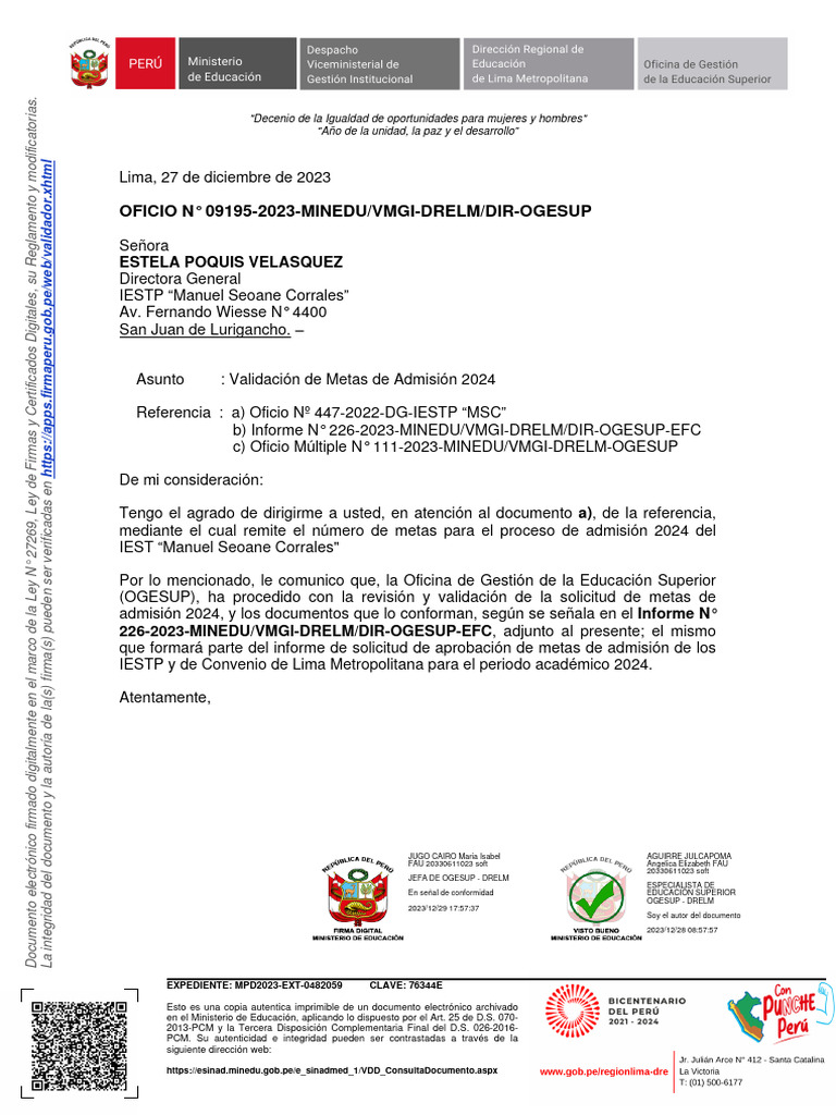 Validación Metas Admisión 2024 | PDF