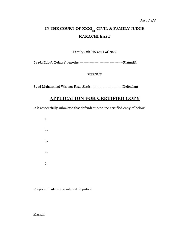 Certified Copy Application in Family Suit | PDF