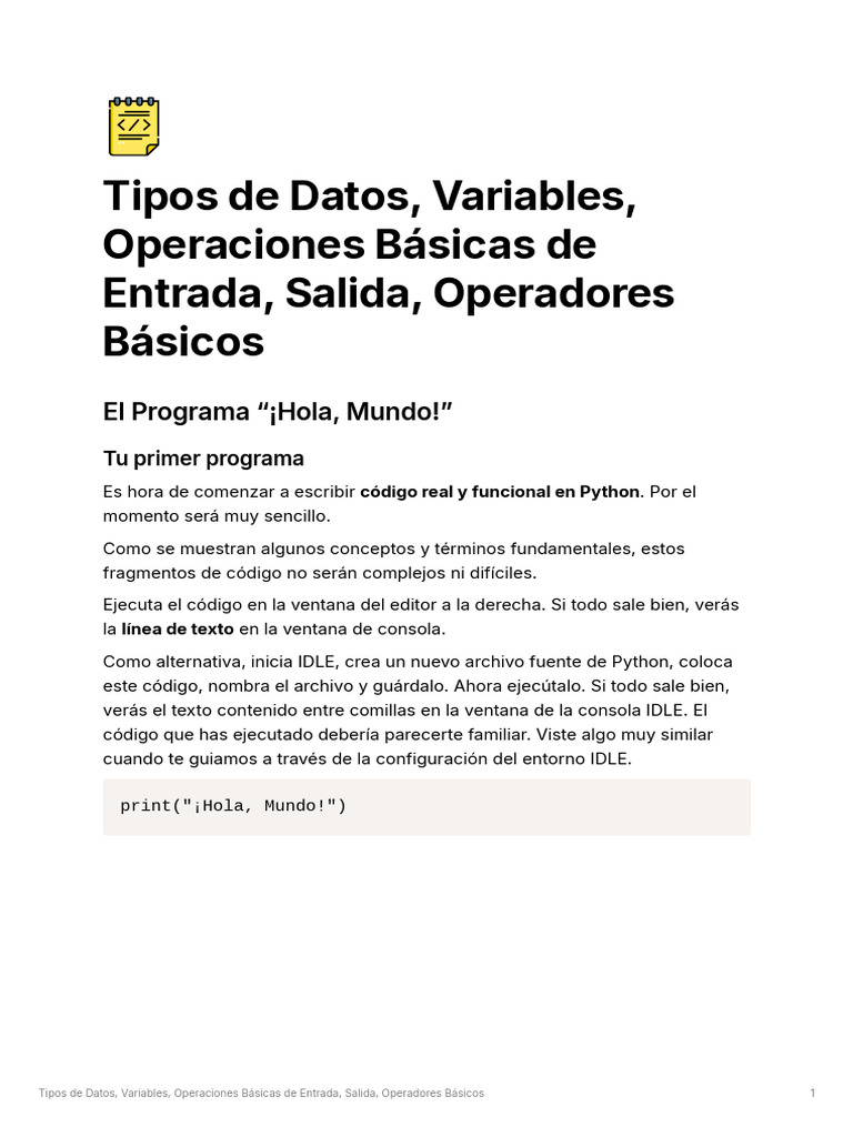 Tipos de Datos, Variables, Operaciones Básicas de | PDF | Python ...