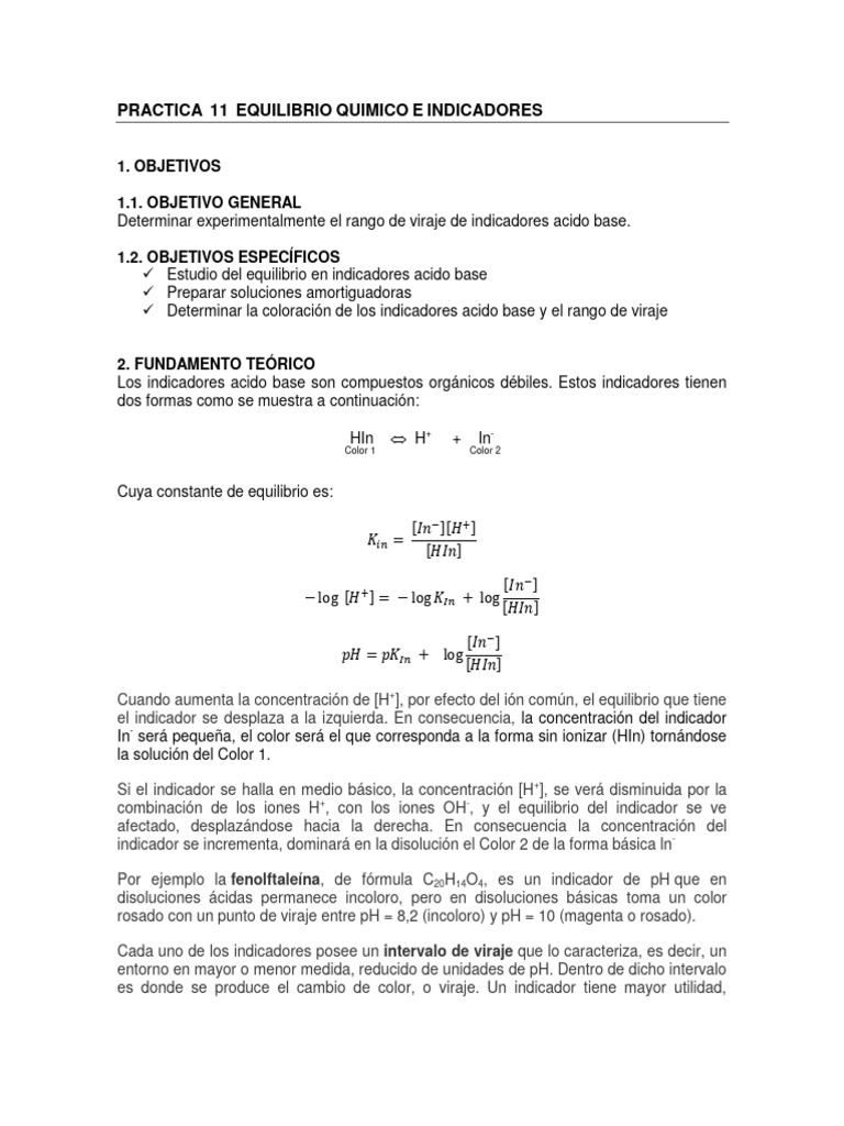 Practica 11 Equilibrio e Indicadores | Descargar gratis PDF | Ph | Equilibrio químico