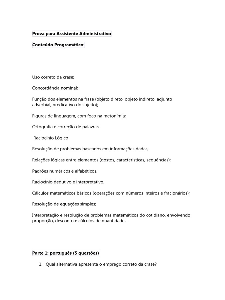 Prova para Assistente Administrativo | PDF | Matemática | Lógica