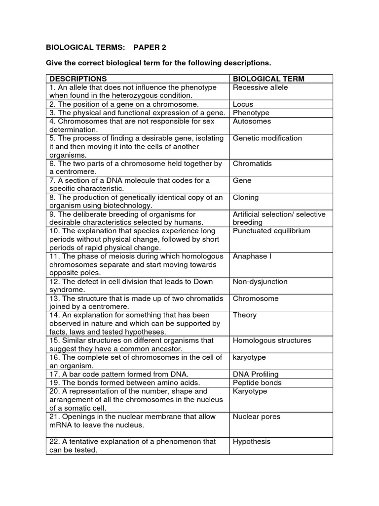 Biological Terms Paper 2 Memo | PDF | Gene | Cell (Biology)