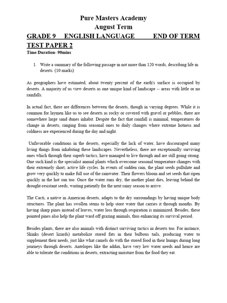 Grade 9 English Exam | PDF | Desert | Rain