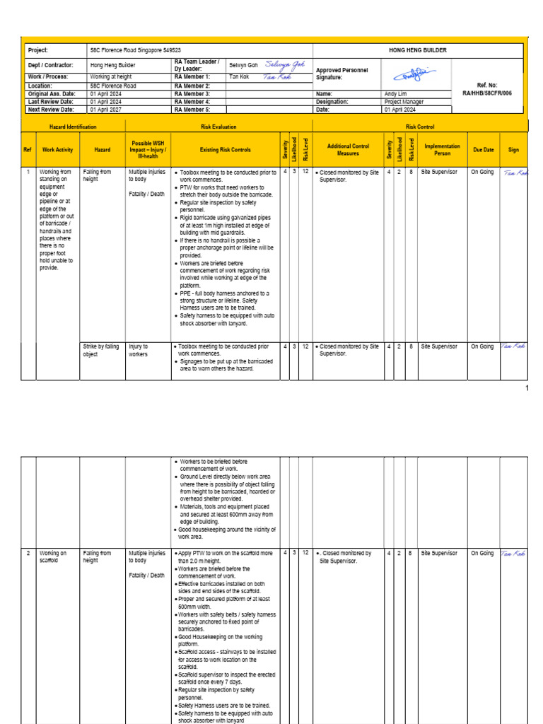 Work at Height Risk Assessment Singapore | PDF | Scaffolding | Safety