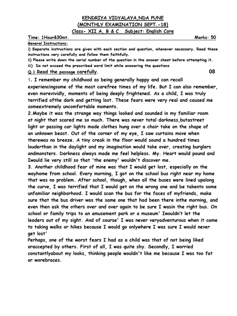 QP English Xii MT Sept 2018 19 | PDF