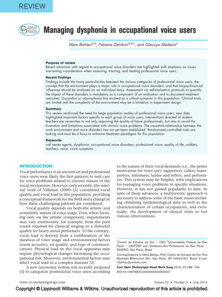 Managing Dysphonia in Occupational Voce Users. | PDF | Human Voice ...