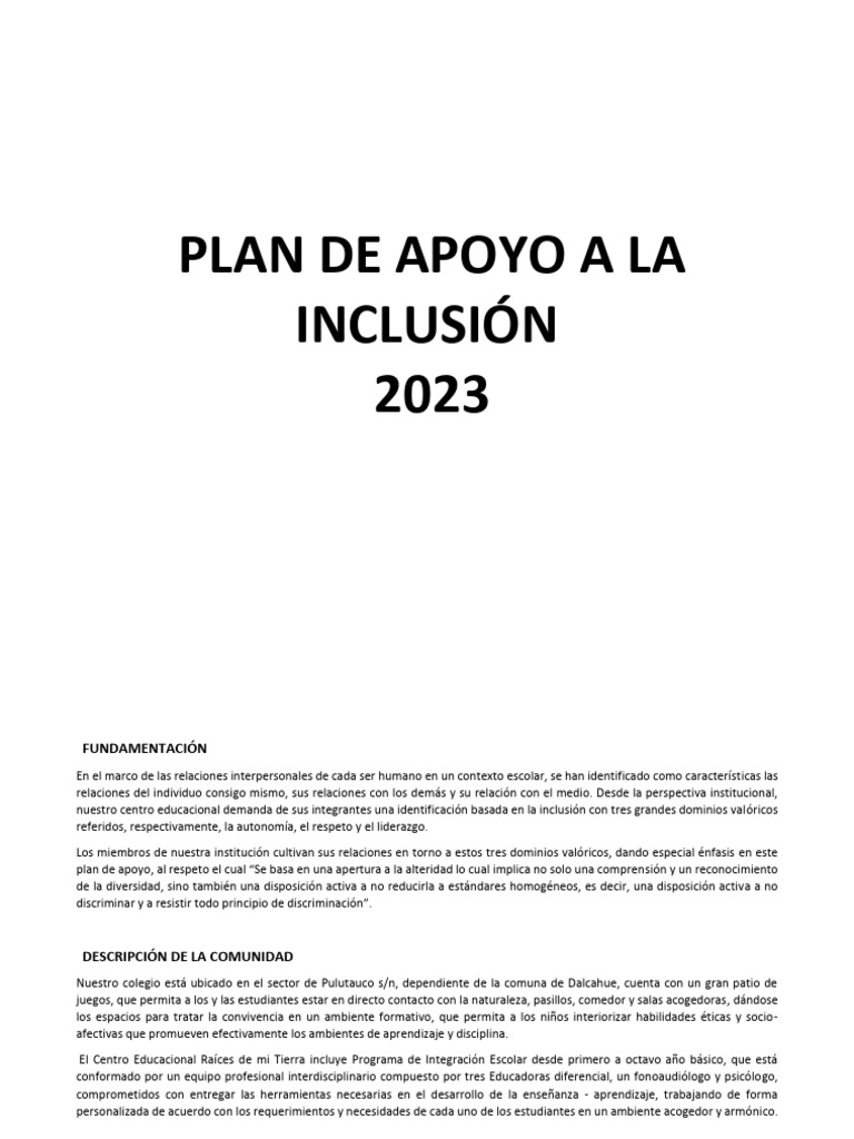 Plan de Apoyo A La Inclusión 2023 | PDF | Inclusión (Educación) | Maestros