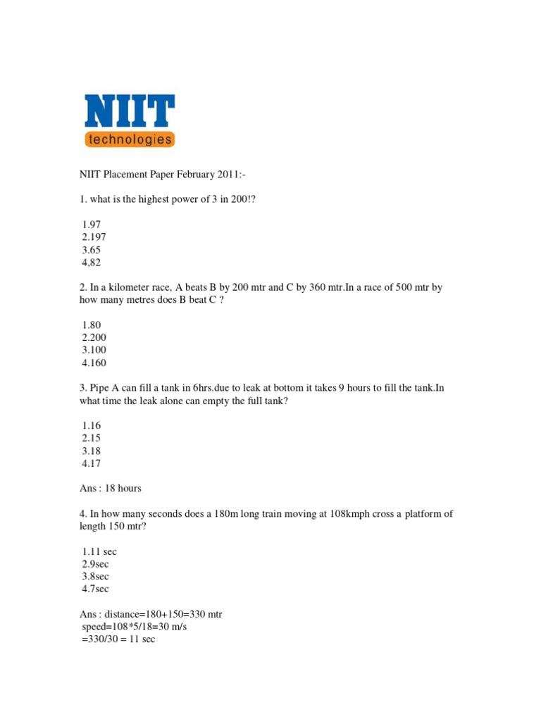 NIIT Placement Paper Questions & Answers | PDF