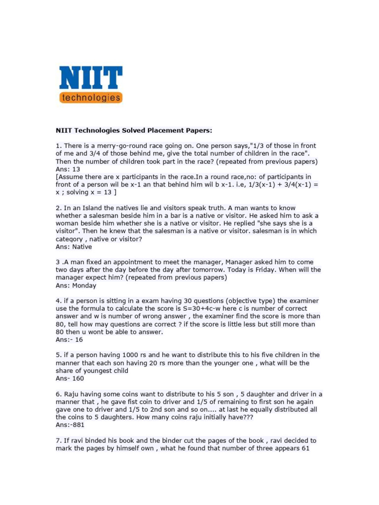 NIIT Technologies Sample Paper | PDF