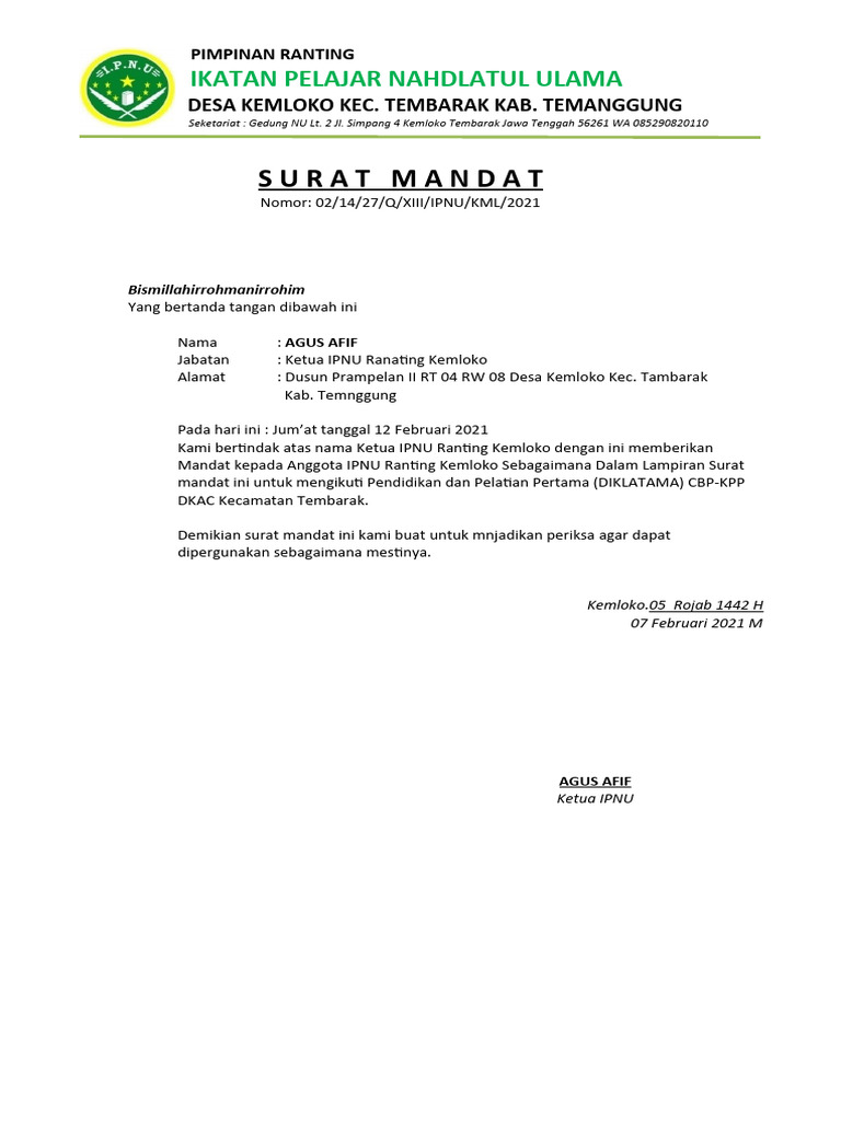 Surat Mandat IPNU dan IPPNU Kemloko | PDF