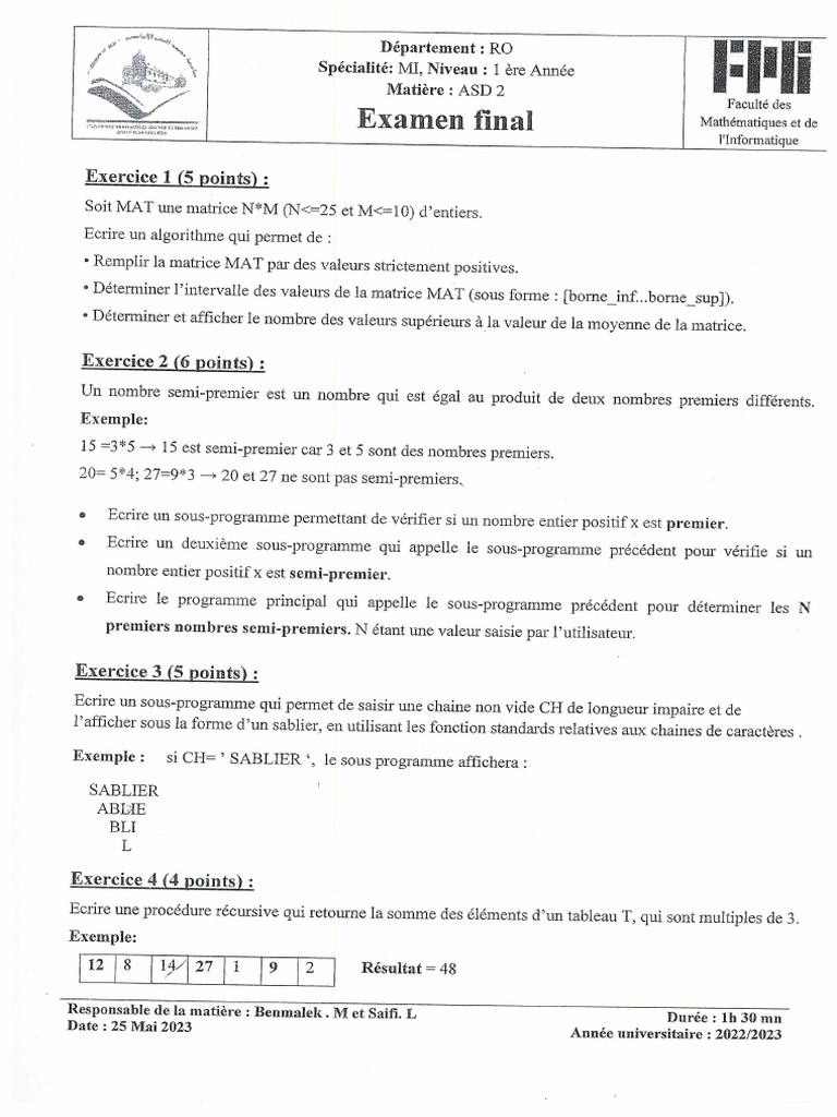 Examen3 Algorithmique Et Structure de Données 2 L1 2023 | PDF