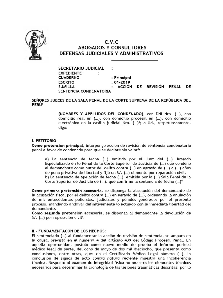 Modelo de Demanda de Revision de Sentencia Penal | PDF | Sentencia (ley ...