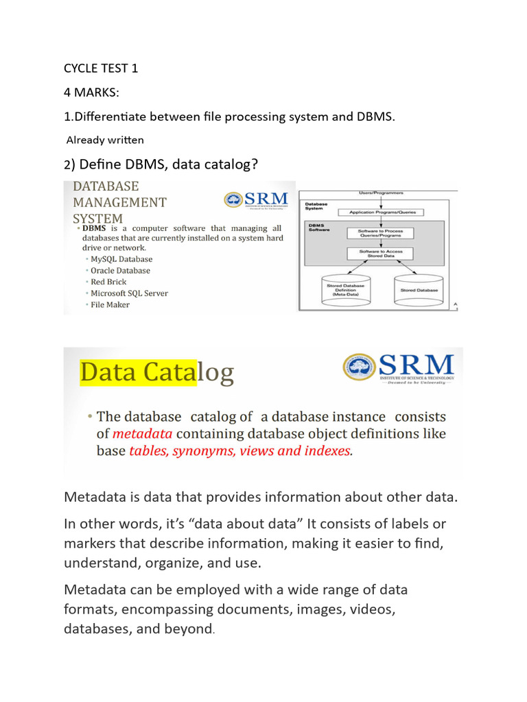 dbms ct 1 4 marks | PDF | Databases | Data Management Software