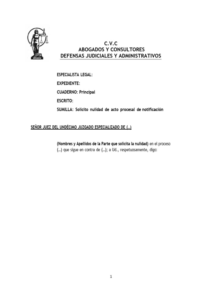 Modelo de nulidad de acto procesal | PDF | Demanda judicial | Nulo (ley)