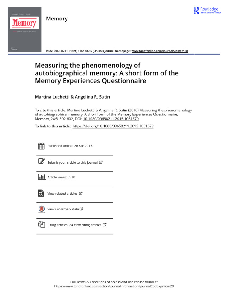 Measuring The Phenomenology of Autobiographical Memory A Short Form of ...