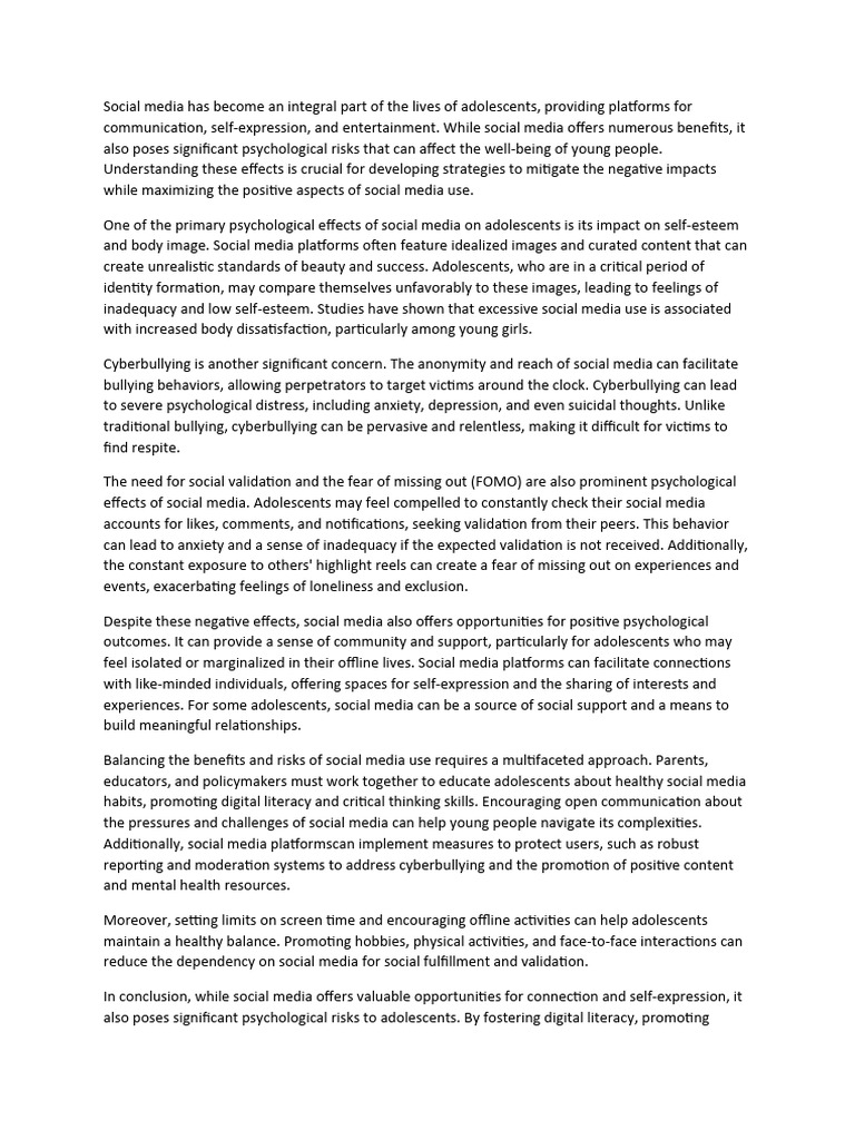 The Psychological Effects of Social Media On Adolescents | PDF | Social ...