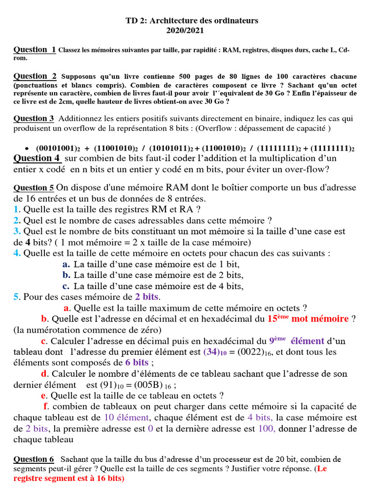 TD2 Architecture Des Ordinateurs | PDF | Données informatiques ...