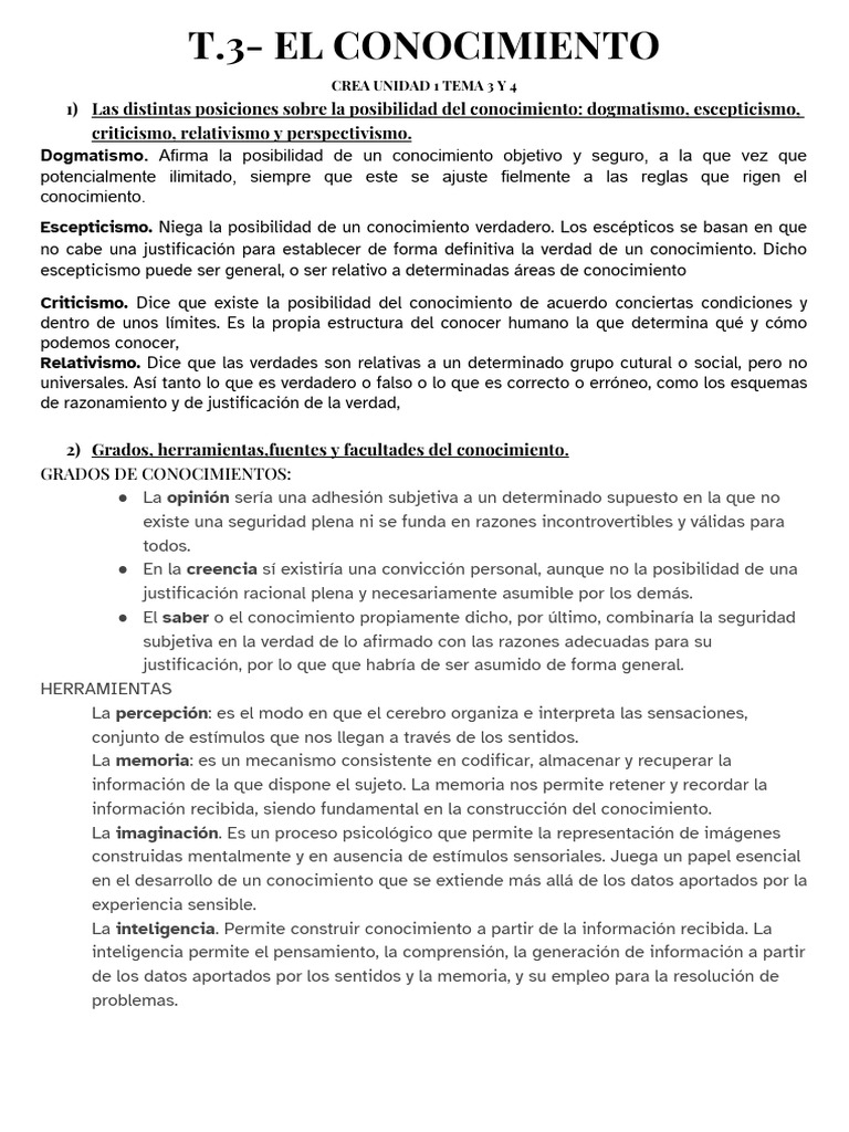 Tema 3 - El Conocimiento | PDF | Conocimiento | Verdad