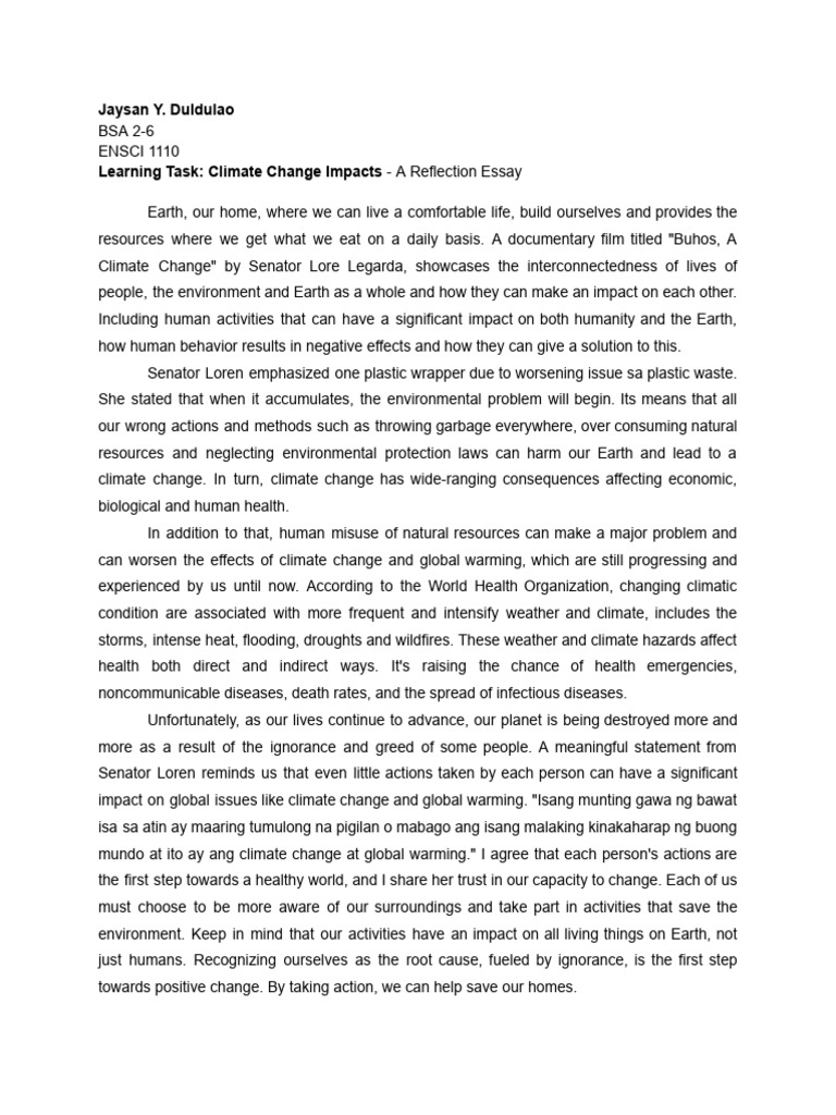 Climate Change Reflection Essay | PDF | Climate Change | Climate