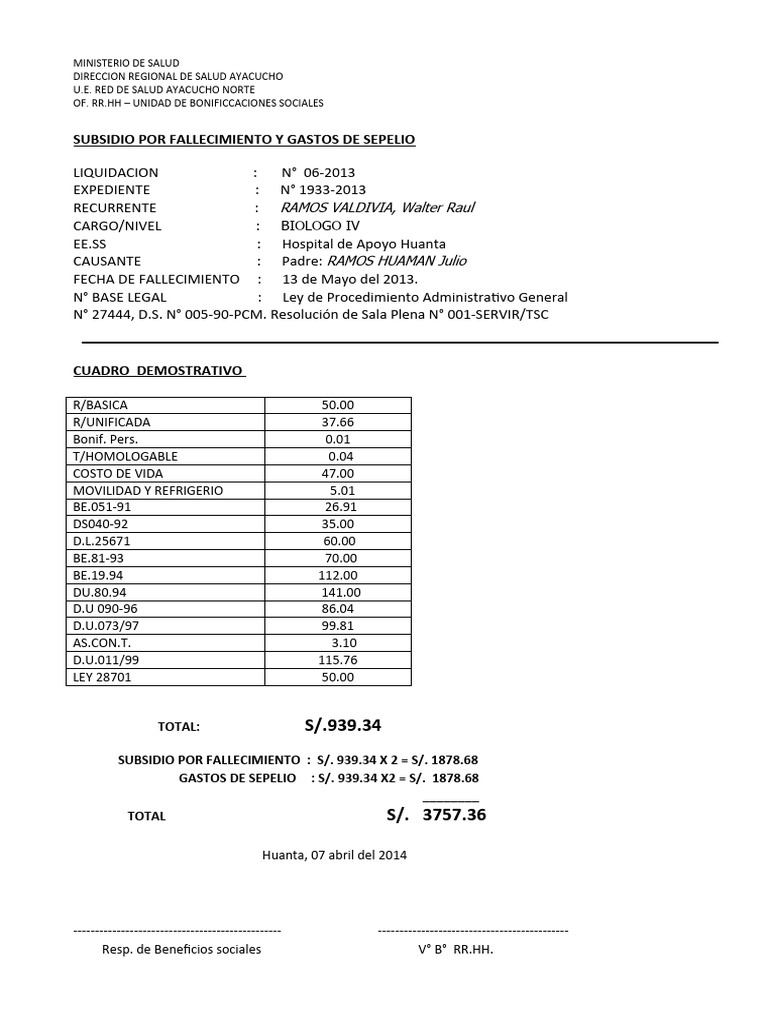 Liquidacion Subsidios Por Sepelio y Luto | PDF