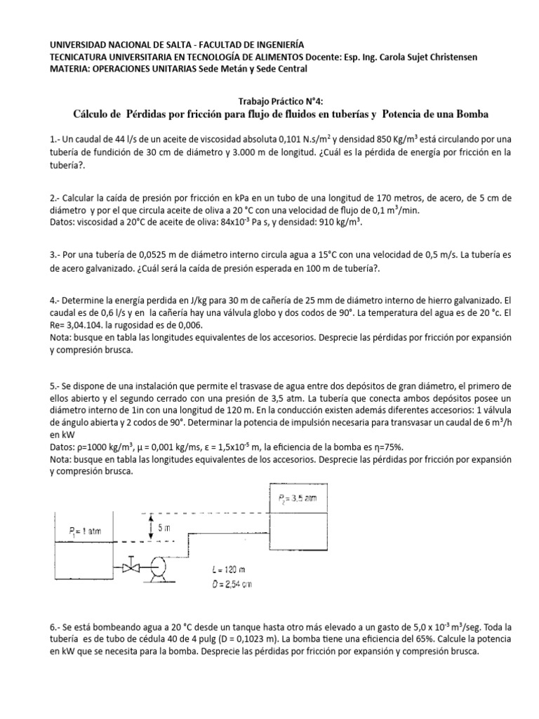 TP 4 Flujo de Fluidos en Cañerías Consignas | PDF | Tubería (transporte de fluidos) | Presión