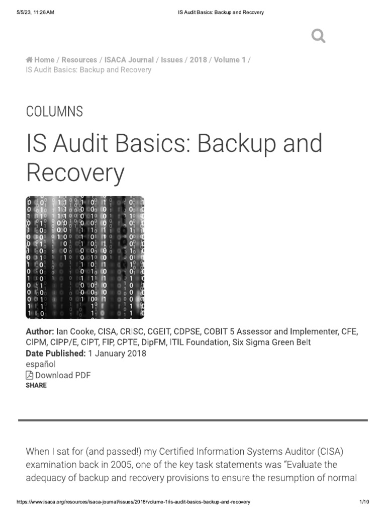 ISACA - IS Audit Basics_ Backup and Recovery | PDF