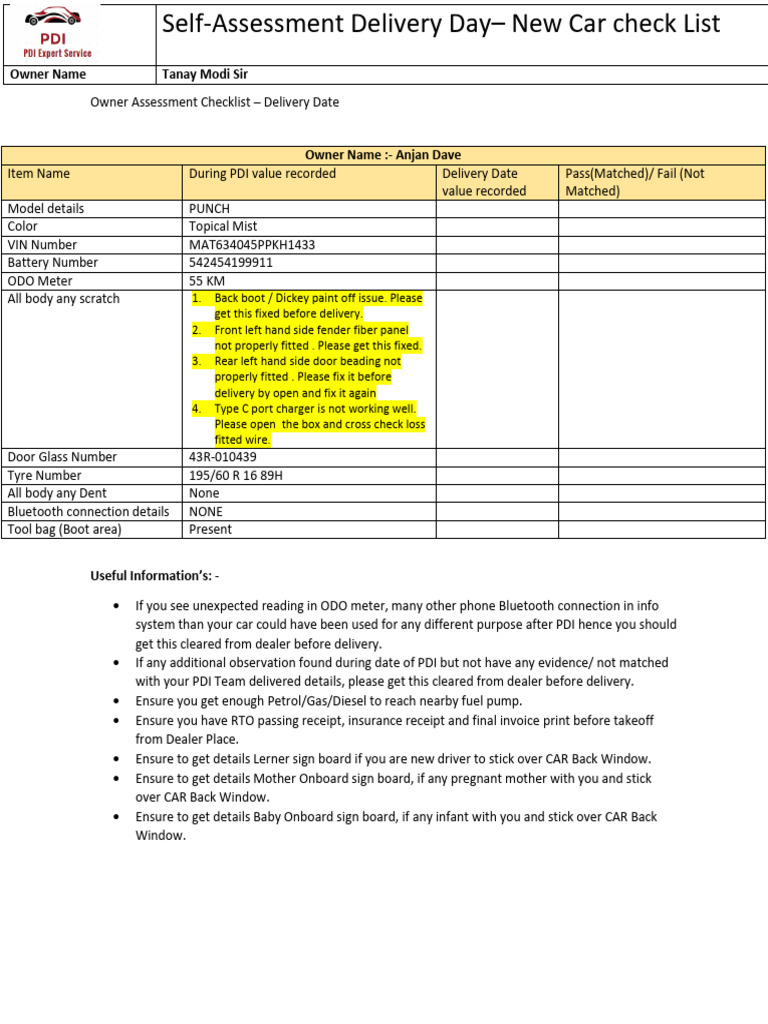 Self-Assessment Delivery Day - New Car Check List | PDF | Car Body ...