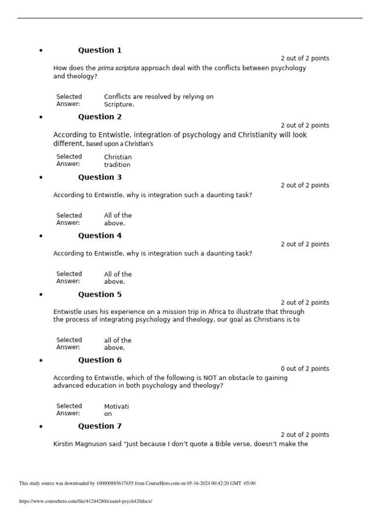 Exam4 Psych420 | PDF | Bible | Psychology