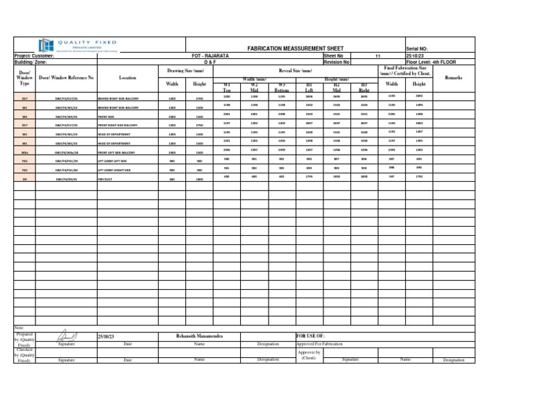 FOT D&F MS 11 Measurement Sheet Template | PDF