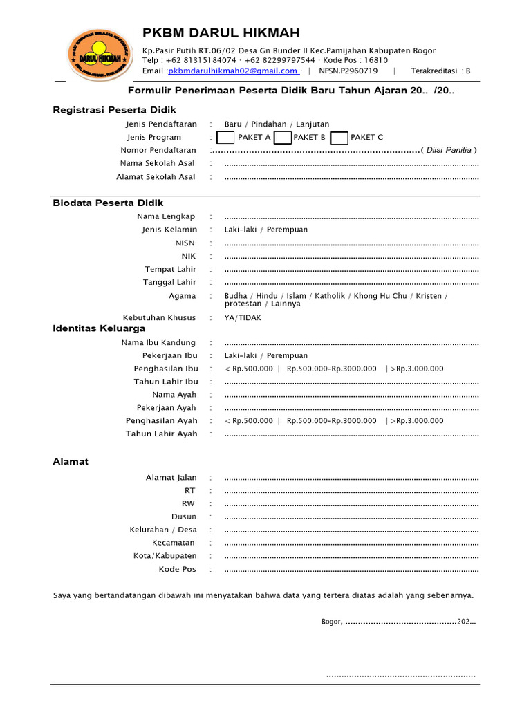 Formulir Pendaftaran PKBM | PDF