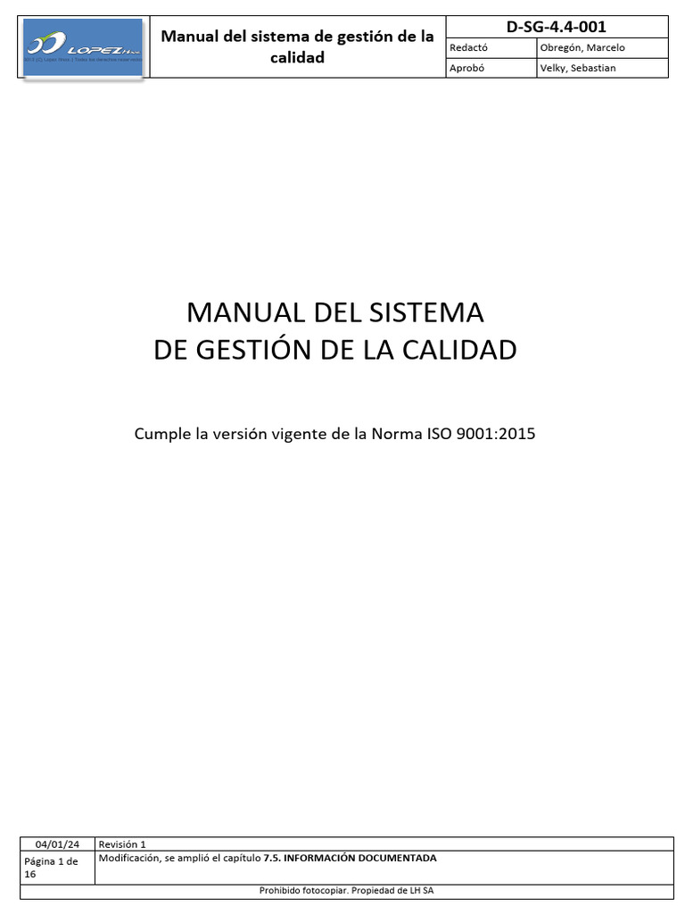D-SG-4.4-001 Manual de La Calidad | PDF | Calidad (comercial) | Sistema de manejo de calidad