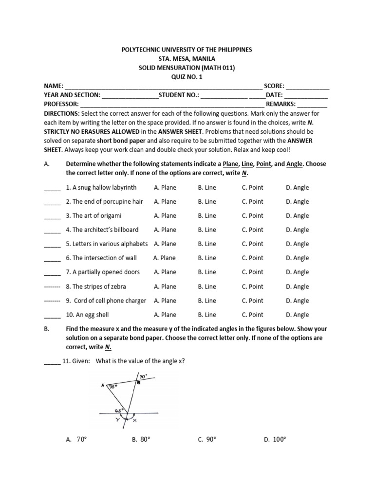 Quiz #1 Solid Mensuration MATH 011 | PDF | Triangle | Angle