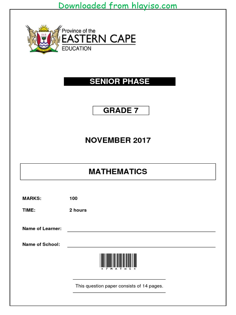 Mathematics Gr7 QP Nov2017 English | PDF | Triangle | Shape