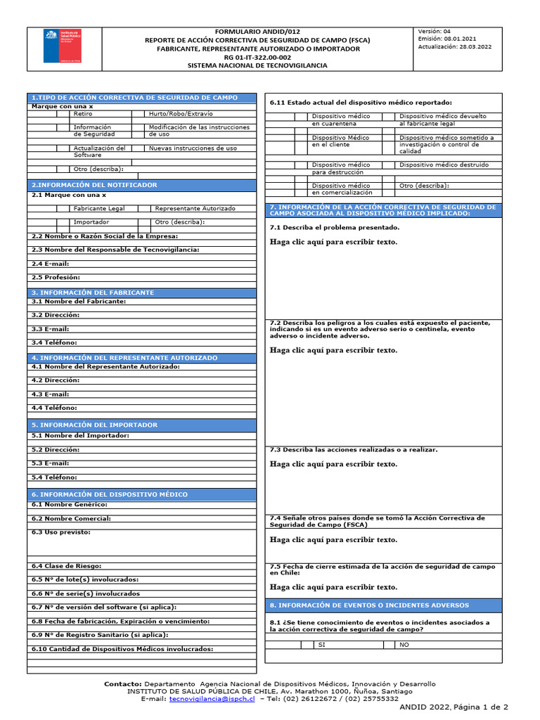 Formulario ANDID 012 Reporte de Accion Correctiva de Seguridad de Campo ...
