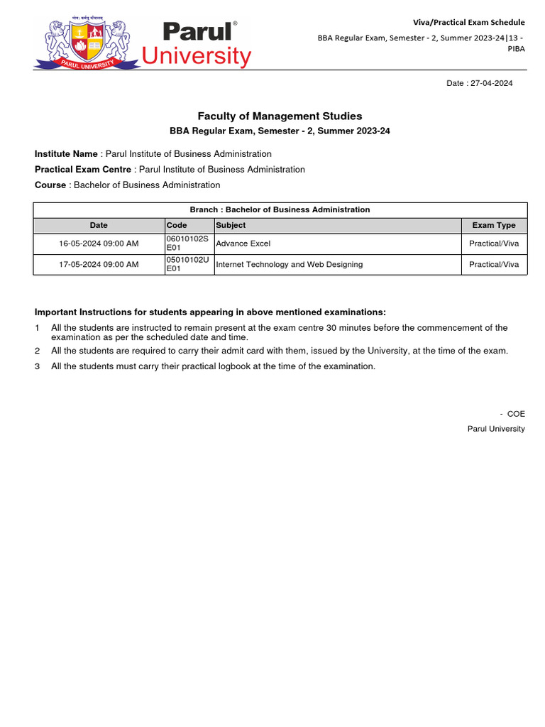 Viva Practical Exam Schedule BBA Regular Exam Semester 2 Summer 2023 24 ...
