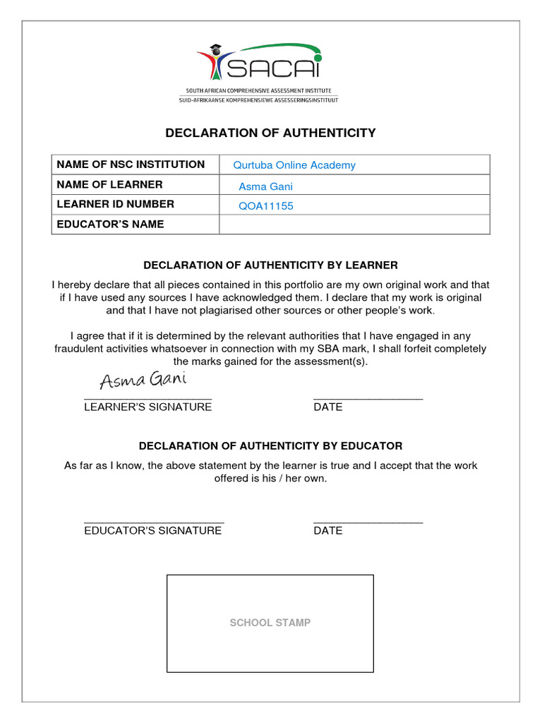 Template Declaration of Authenticity | PDF
