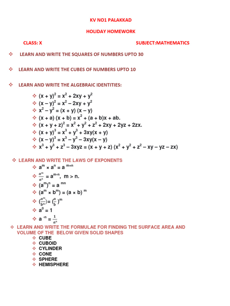 Class X Math Holiday Homework | PDF | Teaching Methods & Materials