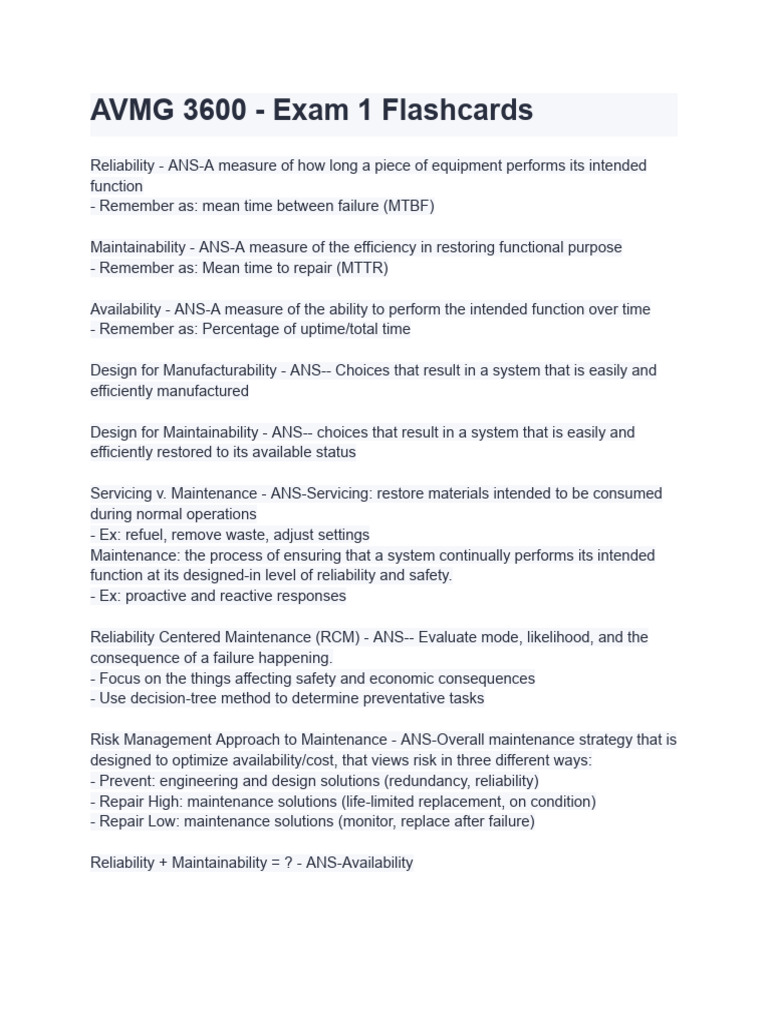 AVMG 3600 - Exam 1 Flashcards | PDF | Reliability Engineering | Verification And Validation