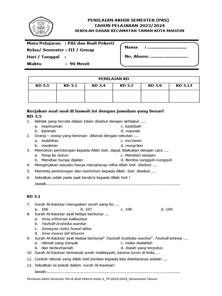 SOAL PAS PAI Kelas 3 TP. 2023-2024 | PDF