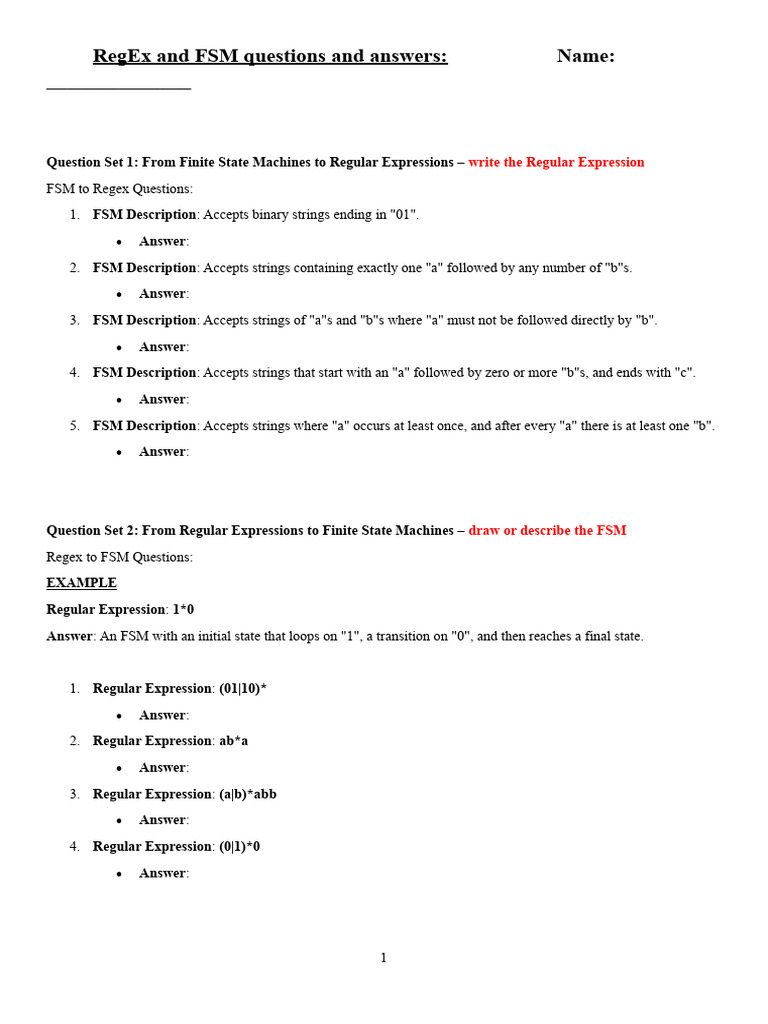 Regex And Fsm Questions Pdf Regular Expression Applied Mathematics