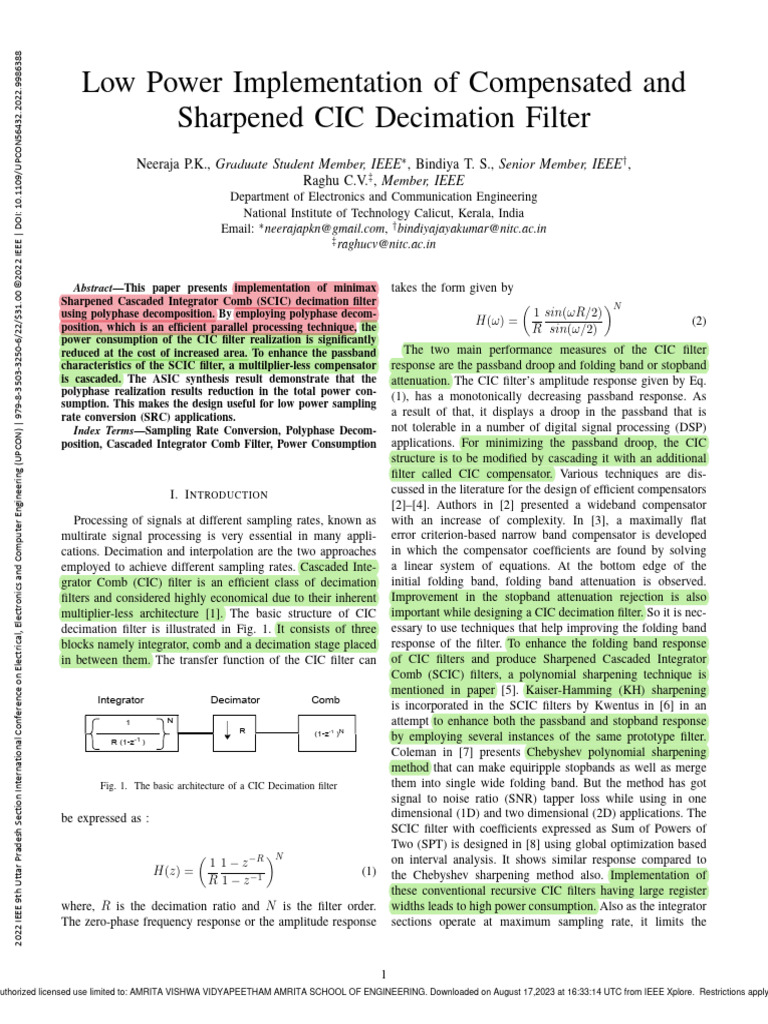 Low Power Implementation of Compensated and Sharpened CIC Decimation Filter | Download Free PDF ...